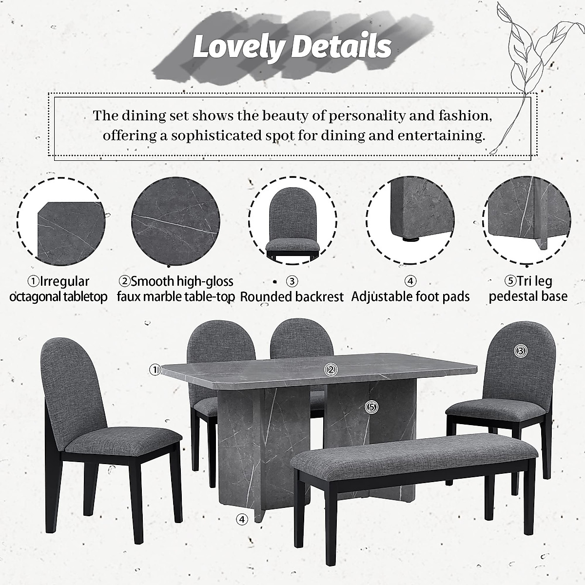 Merax 6 Pieces Dining Table Set with 4 Chairs and 1 Bench,Modern Faux Marble Kitchen Furniture, Gray