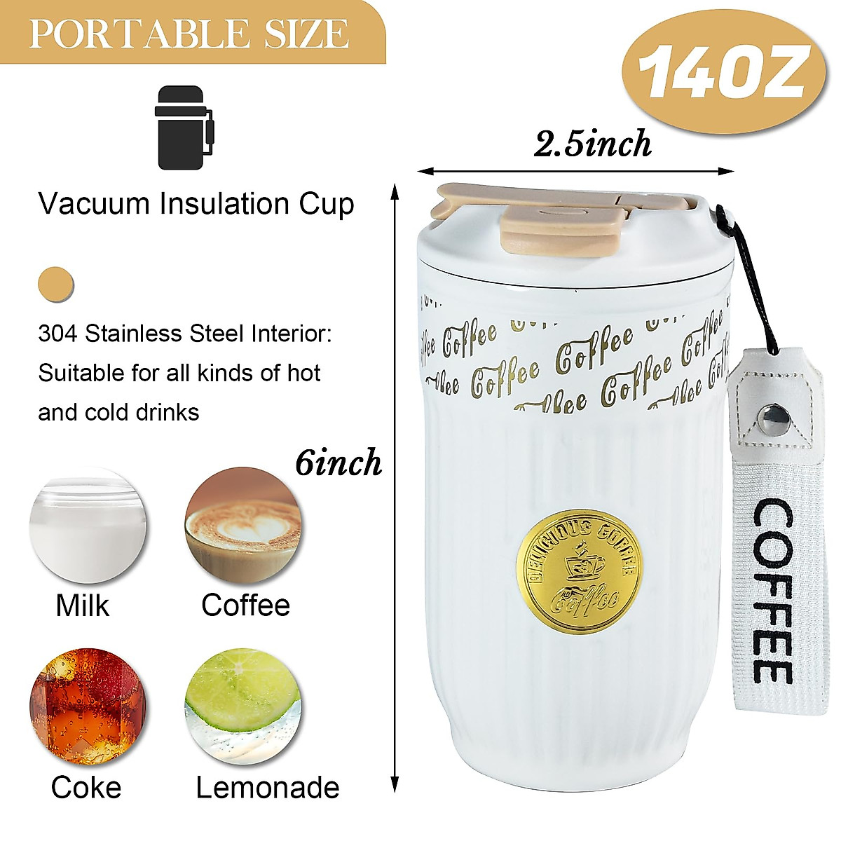 14oz Insulated Travel Tumblers with Lid and Straw, Travel Coffee Mug Stainless Steel Vacuum Thermos Cup, Leak Proof Reusable Cute Coffee Tumbler for Iced and Hot Drinks,White