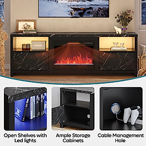 Bestier LED Fireplace TV Stand for 80 inch TV, Modren Entertainment Center with Storage Cabinets, Large Console TV Table for Living Room Bedroom - Black Marble
