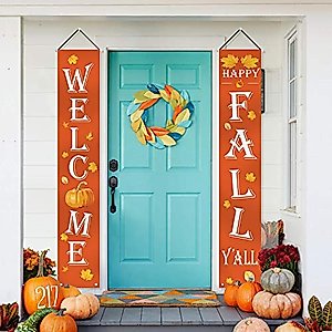 Fall Decor - Fall Outdoor Decorations for Home - WELCOME HAPPY FALL YALL Large Hanging Flags Signs Porch Banners - Autumn Decor for Home Door Birthday Party Yard Outdoor