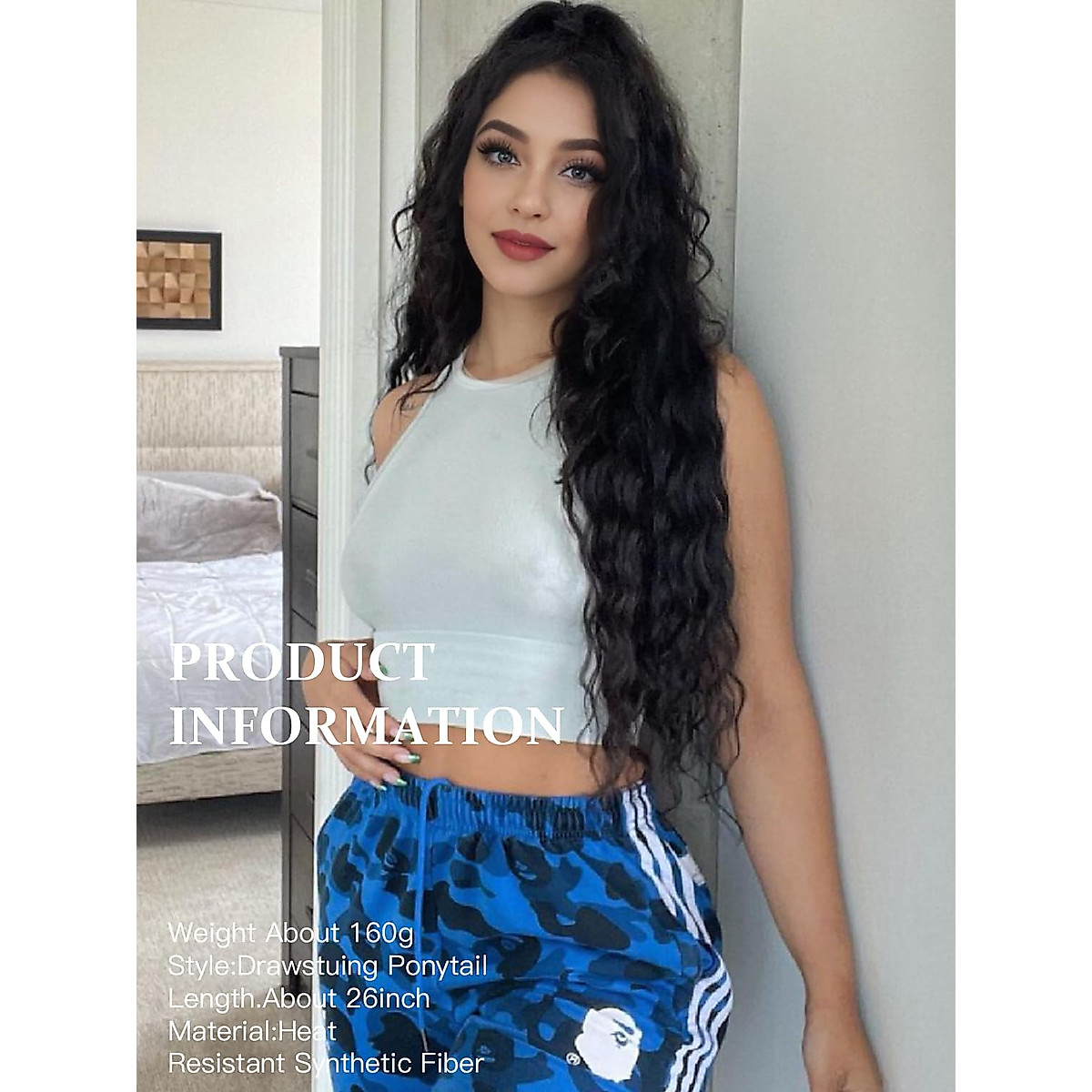 Rosooi 26 Inch Long Black Drawstring Ponytail Extension for Women Synthetic Long Curly Wavy Clip in Ponytail Hair Extensions for Daily Party Use (26 Inch, Black)