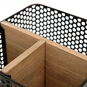 NIKKY HOME Utensil Caddy, Black Metal Caddy with 3 Compartments, Mesh Flatware Holder Organizer with Wooden Handle Perfect for Home, Kitchen, Countertop, Party, Camping, Outdoor and Restaurant