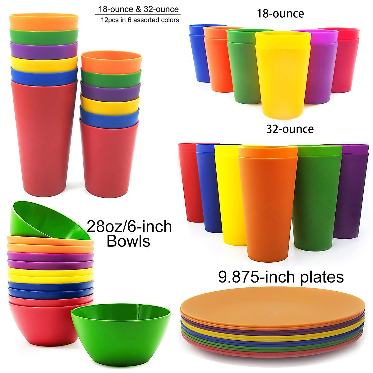 KX-WARE Plastic Plates Set of 12 - Unbreakable and Reusable 9.875 inches Dinner Plates, Multicolor | Dishwasher Safe, BPA Free