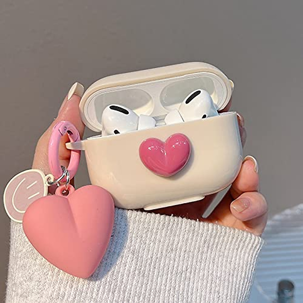 Compatible with AirPods Pro Case Cute Airpod Pro Case Cover Kawaii Cases Pink Heart Design Soft Silicone Case with Cute Keychain for Girls Women