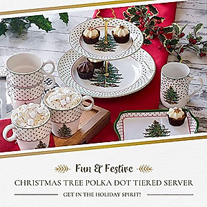 Spode - Christmas Tree Collection, 2-Tiered Tray, for Serving Food, Cake, and Desserts, Server Tier Measures at 8" and 10", Polka Dot Motif with Gold Handle, Dishwasher Safe