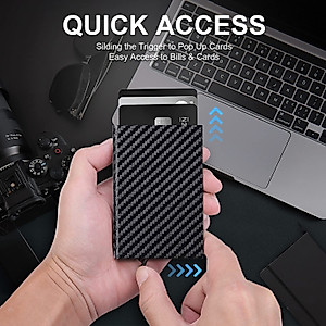 SLUKULU Slim Wallet for Men with Money Clip and Credit Card Holder, RFID Blocking Carbon Fiber Wallet,Minimalist Pop-Up Metal Front Pocket Wallet. (Black)