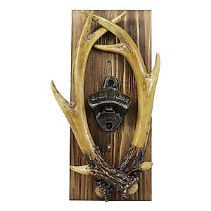 Ebros Rustic Western Faux Entwined Hunter's Stag Deer Antlers Trophy Mounted On Wood Plank Vintage Style Soda Beer Bottle Cap Cast Metal Opener 10.75" High Buck Deers Cabin Lodge Country Wall Plaque