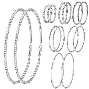 7 Pairs Gold Silver Big Sparkly Crystal Hoop Earrings Set 3-10cm Large Round Party Earrings Set Jewelry for Gift Bridal Wedding Date (silver)