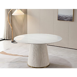 Modern Engineered Stone Dining Table - 53" Round Dining Table with Cylindrical Base, 1-Piece Dining Room Table for Up to 6 for Kitchen, Restaurant