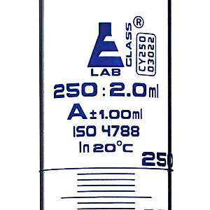 EISCO Graduated Cylinder, 250ml - Class A Tolerance ±1.00ml - Round Base - Blue Graduations - Borosilicate 3.3 Glass