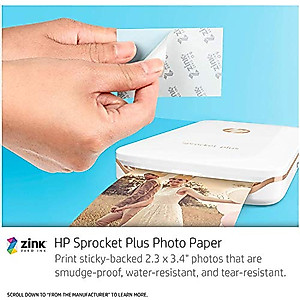 HP Sprocket Plus Instant Color Photo Printer, Print 30% Larger Photos on 2.3x3.4 Sticky-Backed Paper – White (2FR85A)