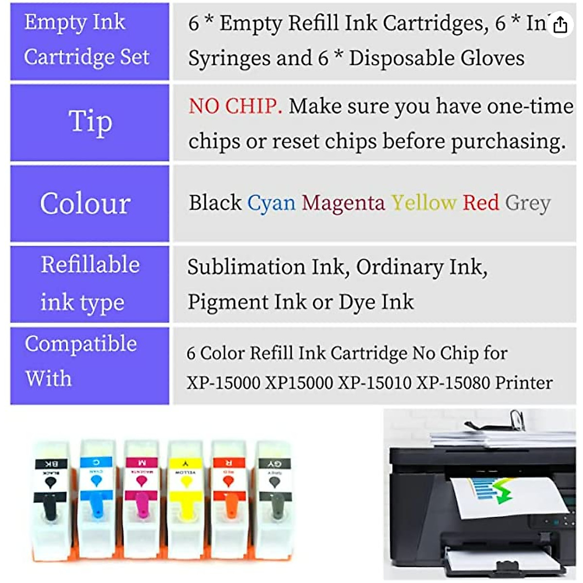 312XL 6 Color Refill Ink Cartridges No Chip Remanufactured Ink Cartridge for XP-15000 XP-15010 XP-15080 Sublimation Ink Cartridges Without Chip & Ink for XP15000 Printer