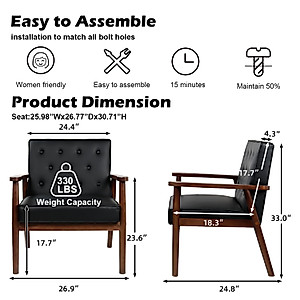 JIASTING Mid-Century Retro Modern Solid Wood Armrest Accent Chair, Faux Leather Tufted Back Upholstered Lounge Chairs, Living Room Furniture (Black 8325)