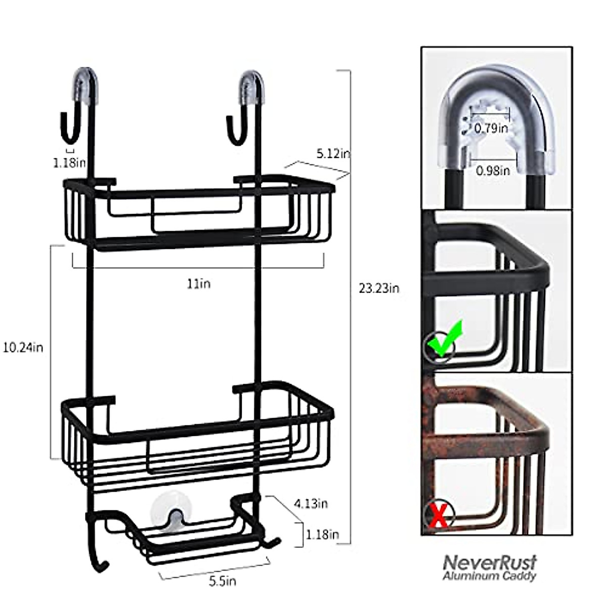Duwee Over The Door Shower Caddy, NeverRust Aluminum Over the Shower Door Caddy, Hanging Shower Caddy for Shampoo Conditioner, 3 Tier Bathroom Shelf Organizer with Hooks for Razors Towels(Black)