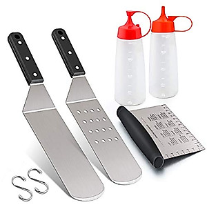 Griddle Accessories Set of 5, Leonyo Stainless Steel Grill Griddle Tool Set- Metal Spatula for Flat Top Hibachi Teppanyaki Kitchen Cooking, Riveted Grip, Dishwasher Safe, S Hooks, Indoor Outdoor