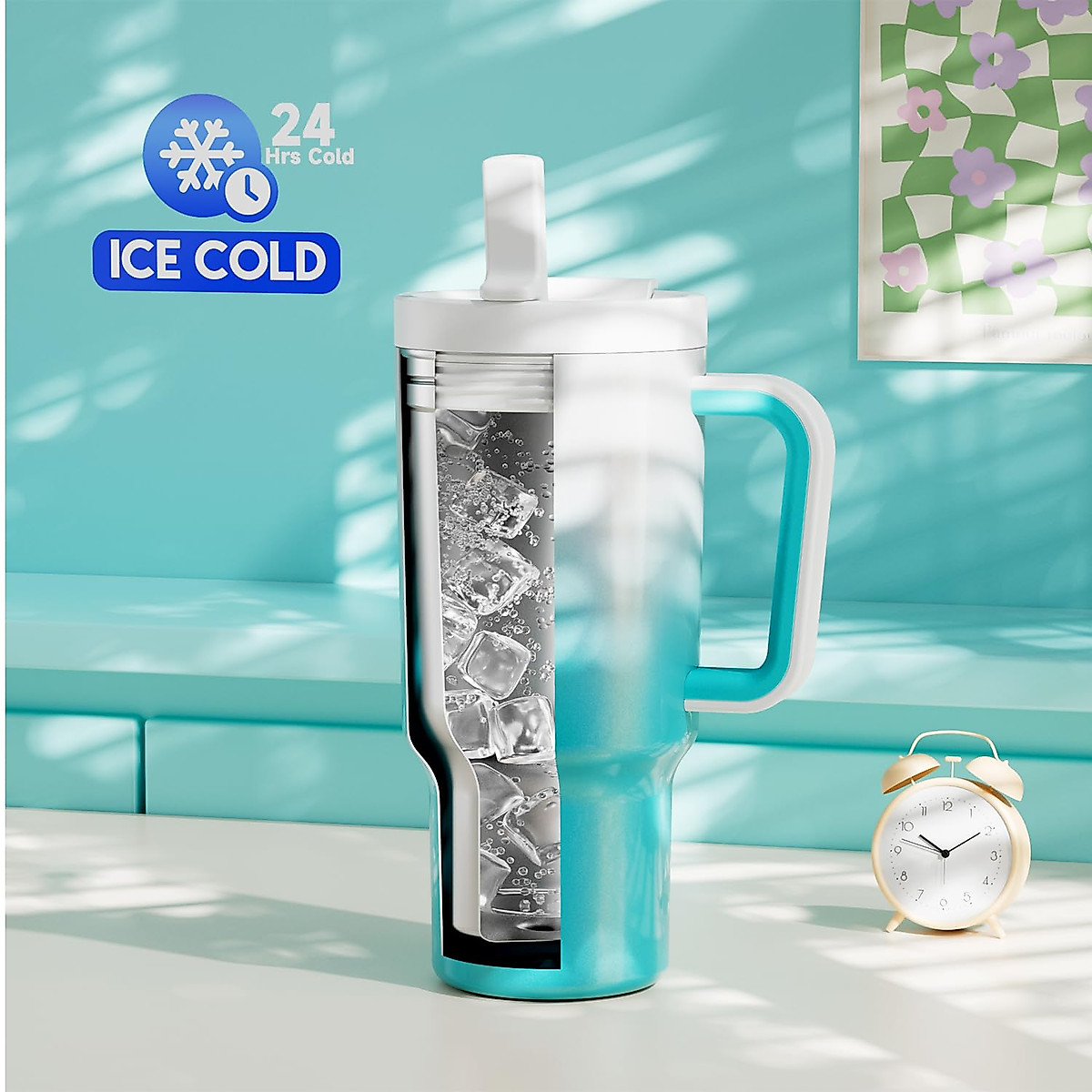 Meoky 32 oz Tumbler with Handle and Flip Straw, 100% Leakproof Tumbler with Lid and Straw, Stainless Steel Insulated Cup, Cupholder Friendly, Keeps Cold for 24 Hours (Azure)