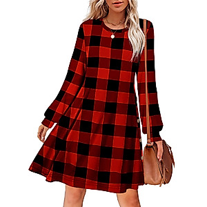 Glanzition Plaid Dress for Women Christmas Knee Length Tunic Dresses Red L