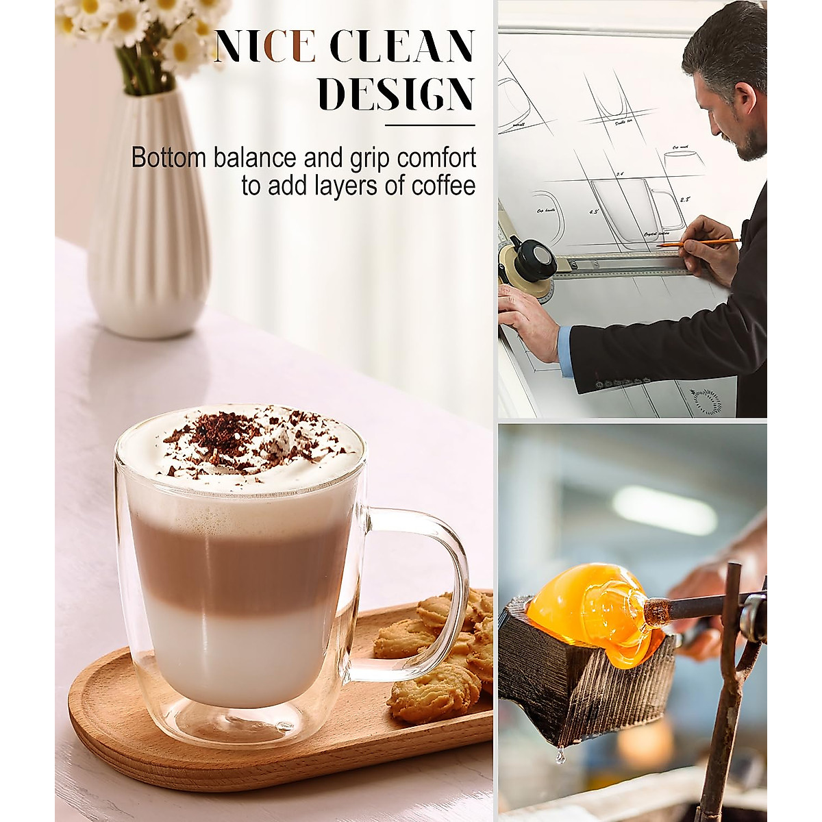 OJA Double Walled Coffee Mugs Set of 4-12.5oz Clear Coffee Cup with Handle for Cappuccino, Tea Bag, Latte Espresso Americano - Insulated, Heat Resistant Beverage Glasses Borosilicate Glass