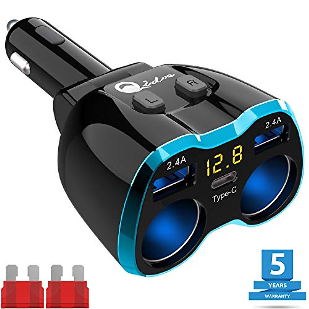 USB C Car Charger, Cigarette Lighter Splitter Adapter 2 Socket Type C Multi Power Outlet 12V/24V 80W DC with LED Voltmeter Switch 5.8A Dual USB Port for Mobile Cell Phone GPS Dash Cam