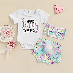 MEIAZM Newborn Infant Baby Girl Easter Outfits Letter Romper Bodysuit+Fluffy Bunny Tail Shorts+Headband 3PCS Rabbit Clothes (Pruple, 0-3M)