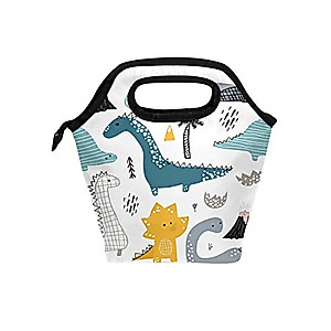 OREZI Childish Cute Dinosaur Lunch Bag for Kids,Waterproof Insulated Neoprene Lunch Tote Soft Bento Cooler Thermal Bags for School Work Pacnic Outdoor