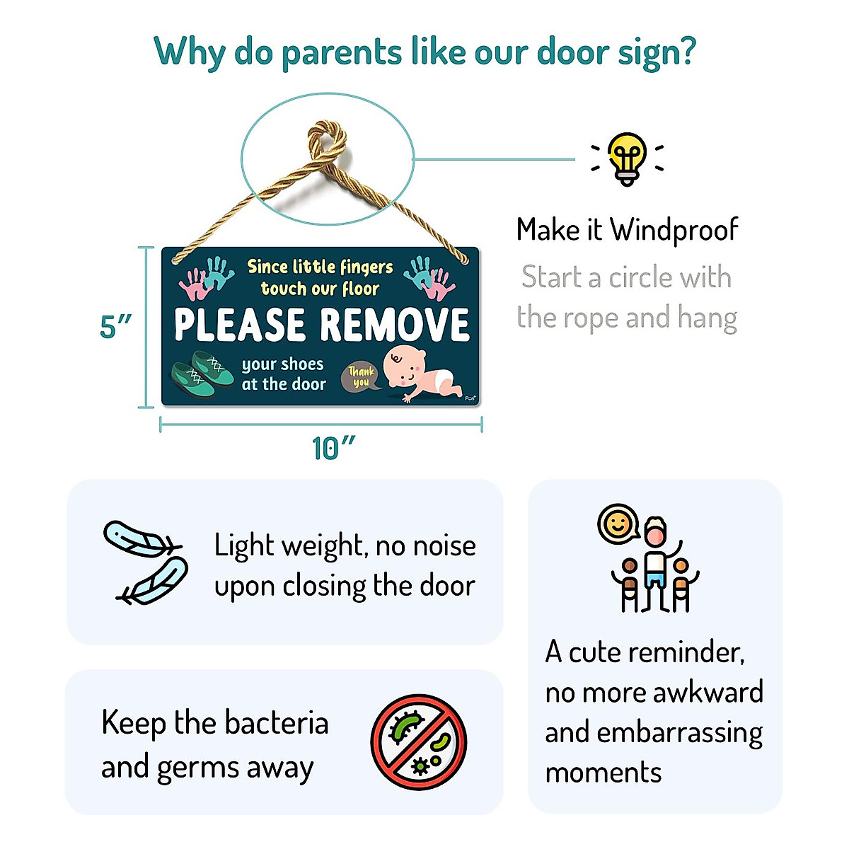 Fun-Plus Please Take Your Shoes Off - Remove Your Shoes Sign - 10″x5″ PVC Plastic Hanging Sign- Since Little Fingers Touch Our Floor