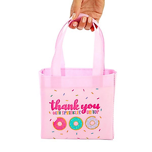 BLUE PANDA - 24 Pack Donut Goodie Bags - Pink Donut Theme Party Favor Totes for Girl's Birthday, Baby Shower, Special Event (6.5 x 7 x 2 In)