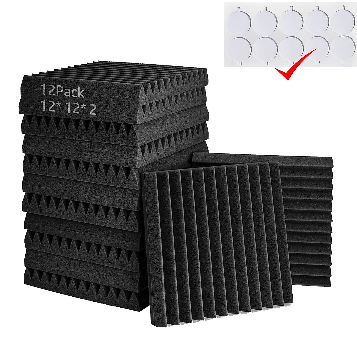 Acoustic Foam Panels - Pack of 12 Flame Retardant Sound Proof Foam Panels for Walls Ceilings Reduces Reverb Echo 12” x 12” x 2” Sound Insulation Wedge Noise Cancelling Foam Tiles for Home Office