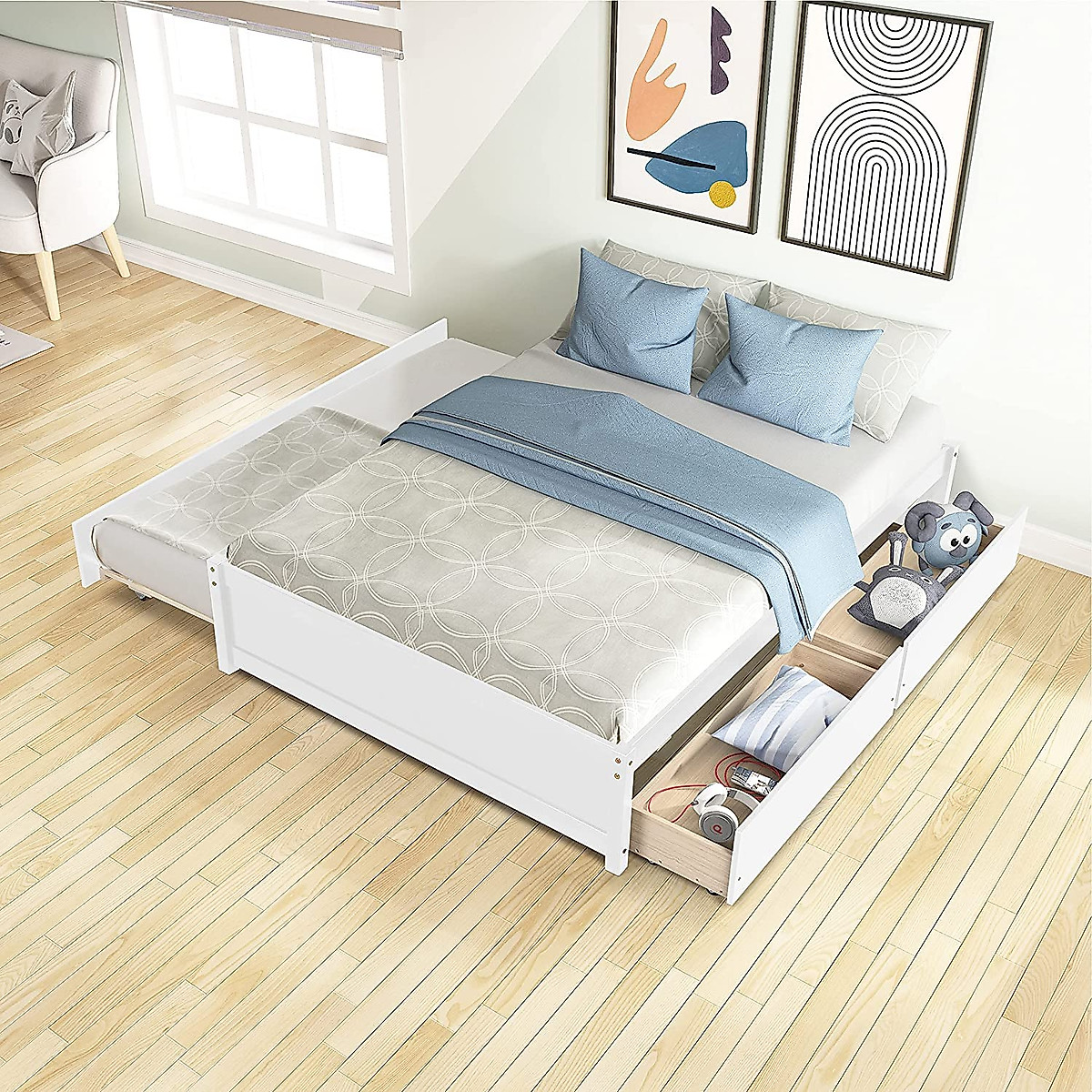 Rophefx Full Size Platform Bed with Trundle and 2 Drawers, Solid Wood Full Kids Beds with Twin Size Trundle, White