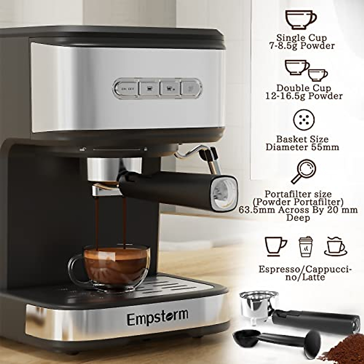Espresso Machine 20 Bar Pump Pressure, Cappuccino Coffee Maker with Milk Foaming Steam Wand for Latte, Mocha, Cappuccino, with 2 in 1 Powder and Capsule Portafilter, Removable 1.5L Water Tank