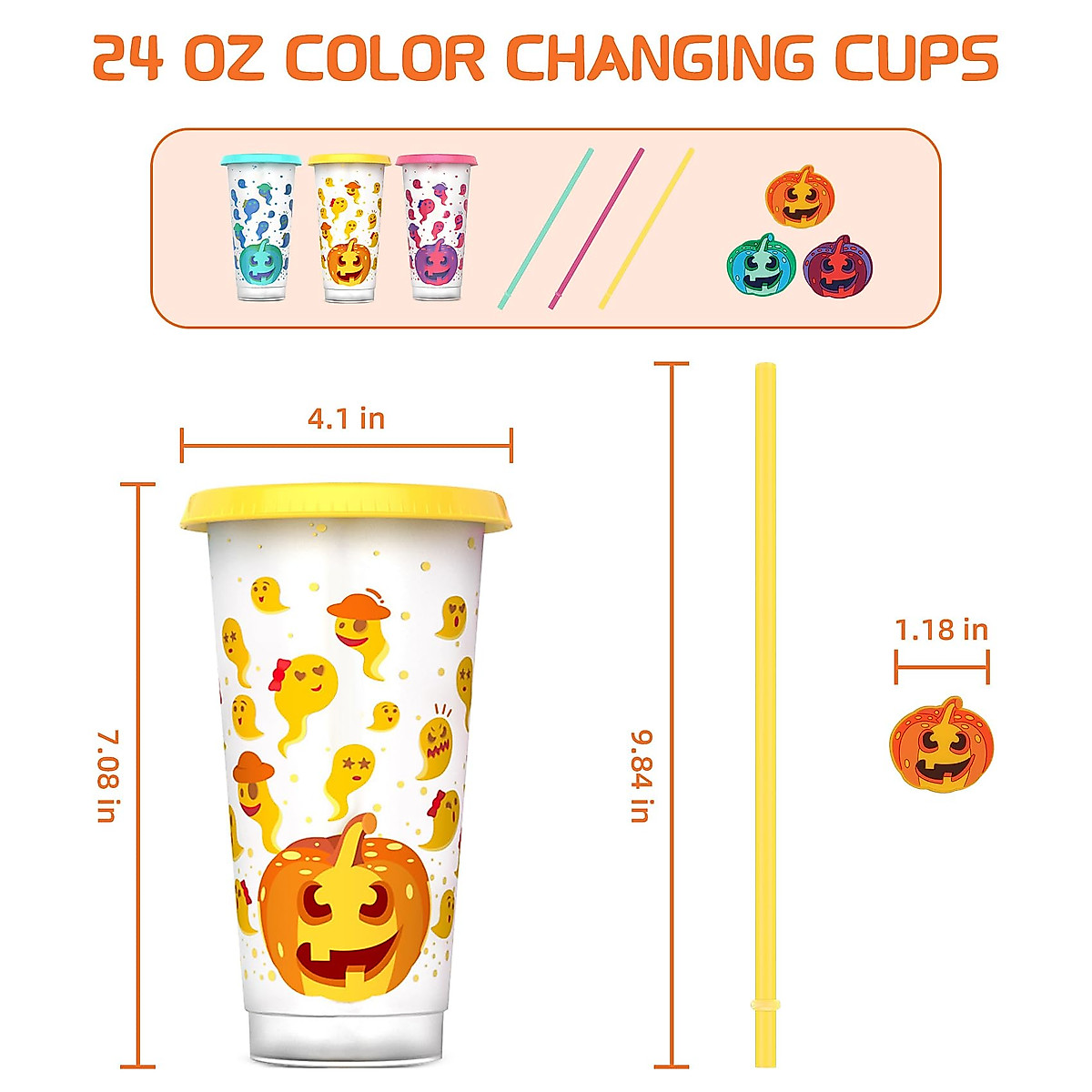 Ftabernam Color Changing Cups, 3-Pack 24 oz Plastic Cups with Lids and Straws, Tumblers and Water Glasses for Adults, Kids Party, Cute Cups for Ice Drink