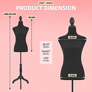 49.6"-63.7" Dress Form for Sewing Clothes Mannequin Stand Female Adjustable Manikin Body for Displays Women Jewelry Torso Model with Tripod Stand,Black