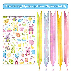 Kolewo4ever 20pcs Basket Bags pull bow Set 10 pieces Easter Cellophane Wrap Plastic Bag 10 pieces easter theme pull bow for Gifts Baskets Party Festivals (12x18 inch)