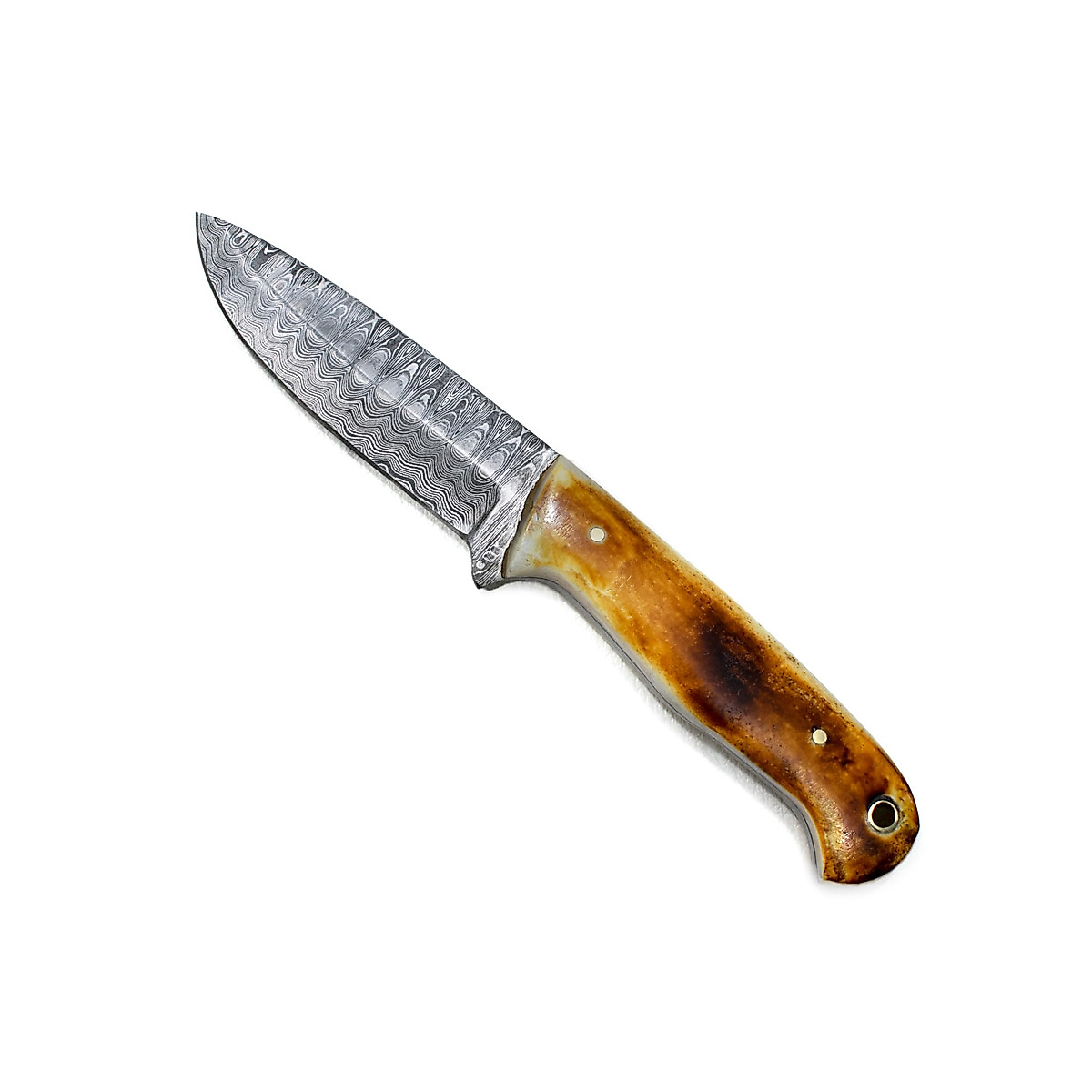 Titan International Knives High Carbon Damascus Steel Hand Forged Hunting,Camping and Survival Knife for Men Fixed Blade and Burnt Camel Bone Handle with Leather Sheath