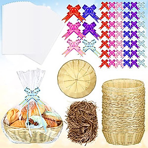 CHENGU 18 Pcs Basket Empty Gift Basket Food Basket Woven Fruit Basket with 48 Colorful Pull Bows 30 Clear Gift Bags Crinkle Cut Paper Shred Filler for Kitchen Restaurant (7.9 x 7.9 x 2.8 Inch, Round)