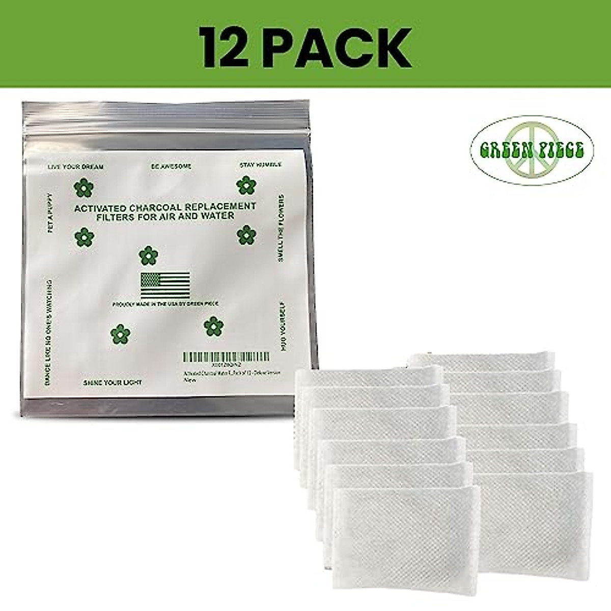 Green Piece - 12 Pack - Overstuffed - All-Natural Baby Diaper Pail Deodorizer | Activated Charcoal Air Purifier Compatible with Diaper Pails, Shoe Closets, Trash Cans, Pets - Made in The USA