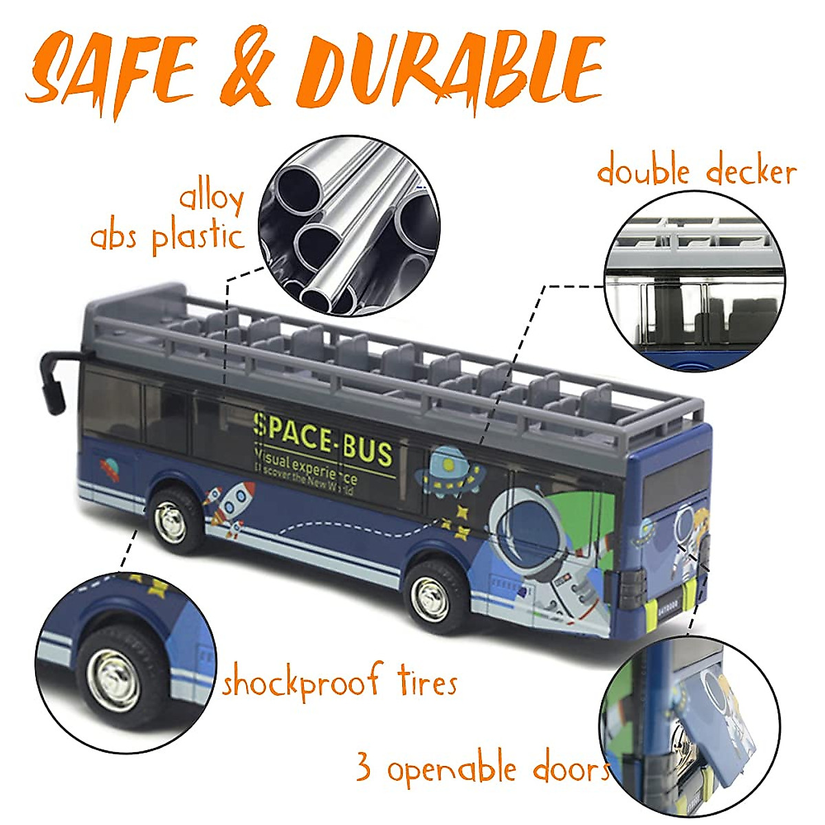 Crelloci Tour Double Decker Bus for Toddlers, Die Cast Alloy Play Vehicles with Sounds and Lights, City Cars Toys with Pull Back Action Openable Doors, for Boys Girls Kids (Navy Blue)