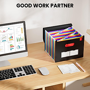 Sooez 24 Pockets Expanding File Folder with Blank Labels, According File Organizer with Expandable Cover, Desktop Accordion Folders Letter A4 Paper Document Storage Organizer, Black