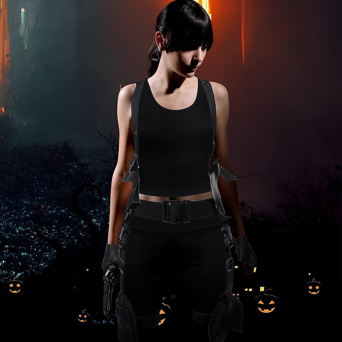 Jiuguva 5 Pcs Halloween Thigh Holsters Costume Includes Black Racerback Sleeveless Crop Tank Tops Running Shirt Spandex Shorts for Women Half Finger Driving Gloves Drop Leg Gun Holster Drop Leg Pouch