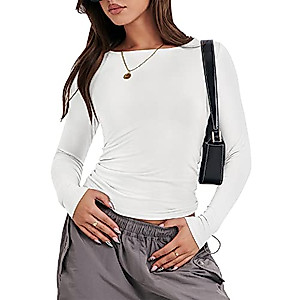 ANRABESS Women Long Sleeve Crop Top Basic Tees Tight Fitting T-Shirt Trendy 2023 Fall Shirts Undershirts Sexy Casual Going Out Cropped Tops 1029dabai-S White