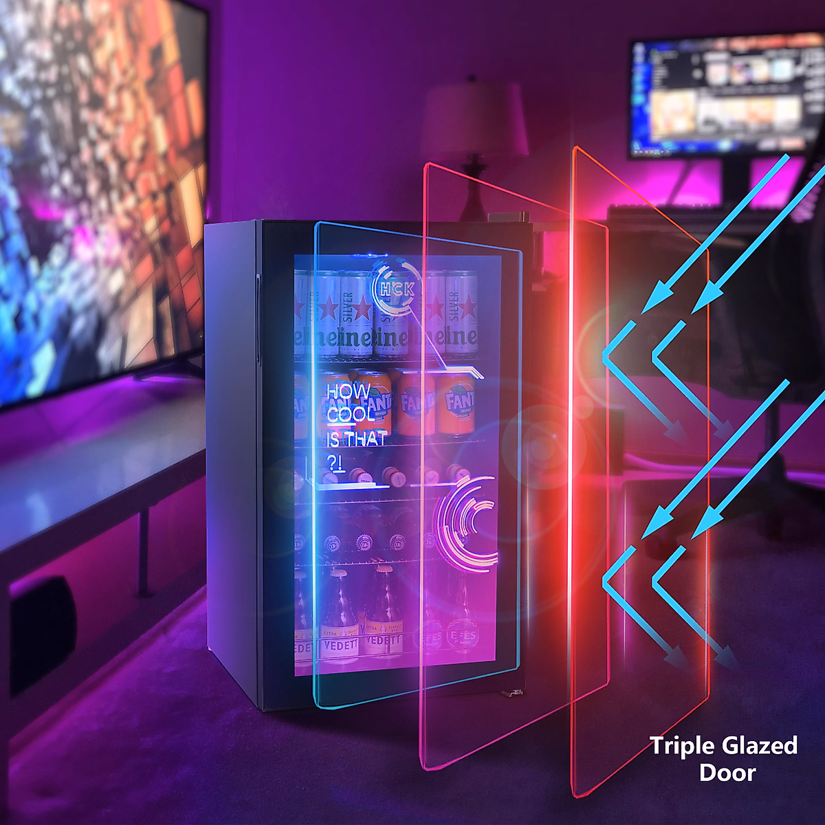 HCK Beverage Fridge, Small Bottle Fridge with Cyberpunk Modern Lighting, Mini Fridge 0-10 °C, Beer Fridge 3.5 cu.ft., For Gaming Room, Party, Black