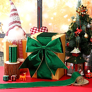 WILLBOND 2 Rolls Christmas Red Velvet Ribbon Wired Edge Trim Wrapping Fabric Christmas Ribbon for Gift Wrapping Bow Wedding Decoration Craft(4 Inch x 6 Yards,Green)