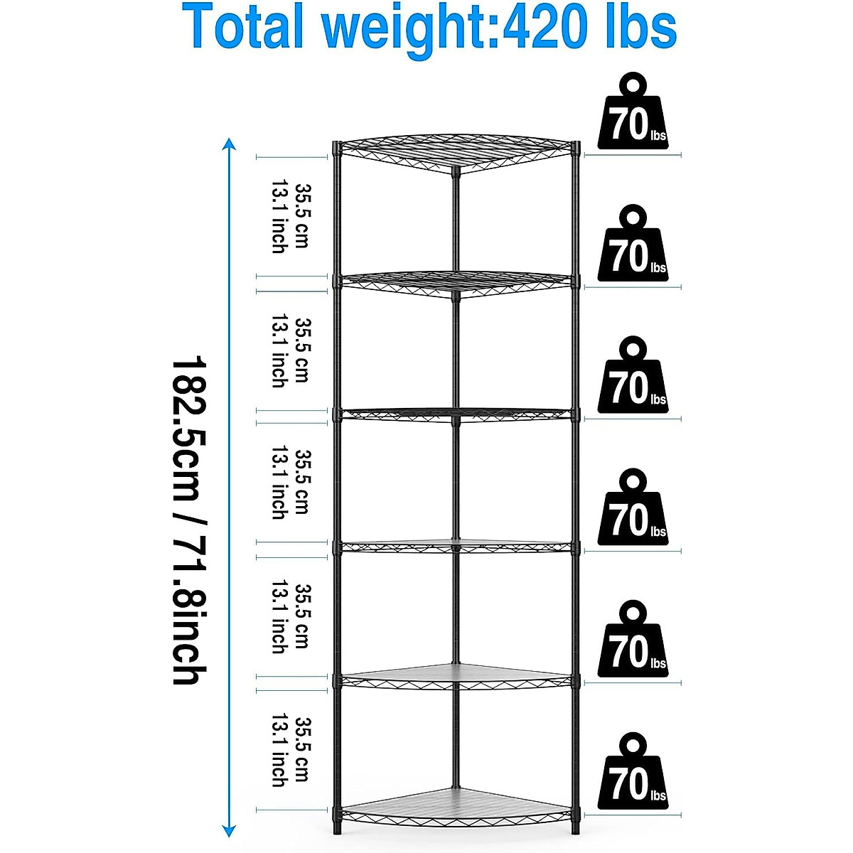 Corner Shelf Wire Shelving Unit, 6 Tier NSF Metal 420lbs Capacity Heavy Duty Adjustable Storage Rack with Shelf Liners for Closet Kitchen Bathroom Garage Basement, 72" H x 18" L x 18" D - Black