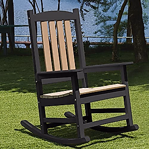 OTSUN Outdoor Rocking Chair, Patio Rocker Chair with High Back, All Weather Resistant Fade-Resistant Front Porch Rocking Chair, Stable Smooth Wood Rocker for Balcony, Yard (Black & Brown)