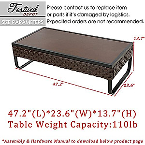 Festival Depot Patio Coffee Table Rectangle Wicker Rattan Table with Wood Grain Desktop and U Shaped Legs All Weather Outdoor Furniture for Garden Bistro 47.2"(L) x 23.6"(W) x 13.7"(H)