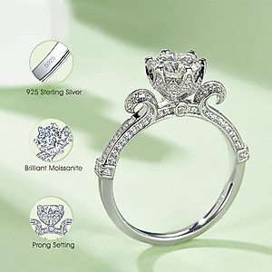 Gem's Beauty Blue Moissanite Rings Wedding Promise Ring for Women 18K White Gold Plated 925 Sterling Silver 1.0Ct Antique Style Moissanite Halo Engagement Rings Christmas Gifts for Her(Size 8)