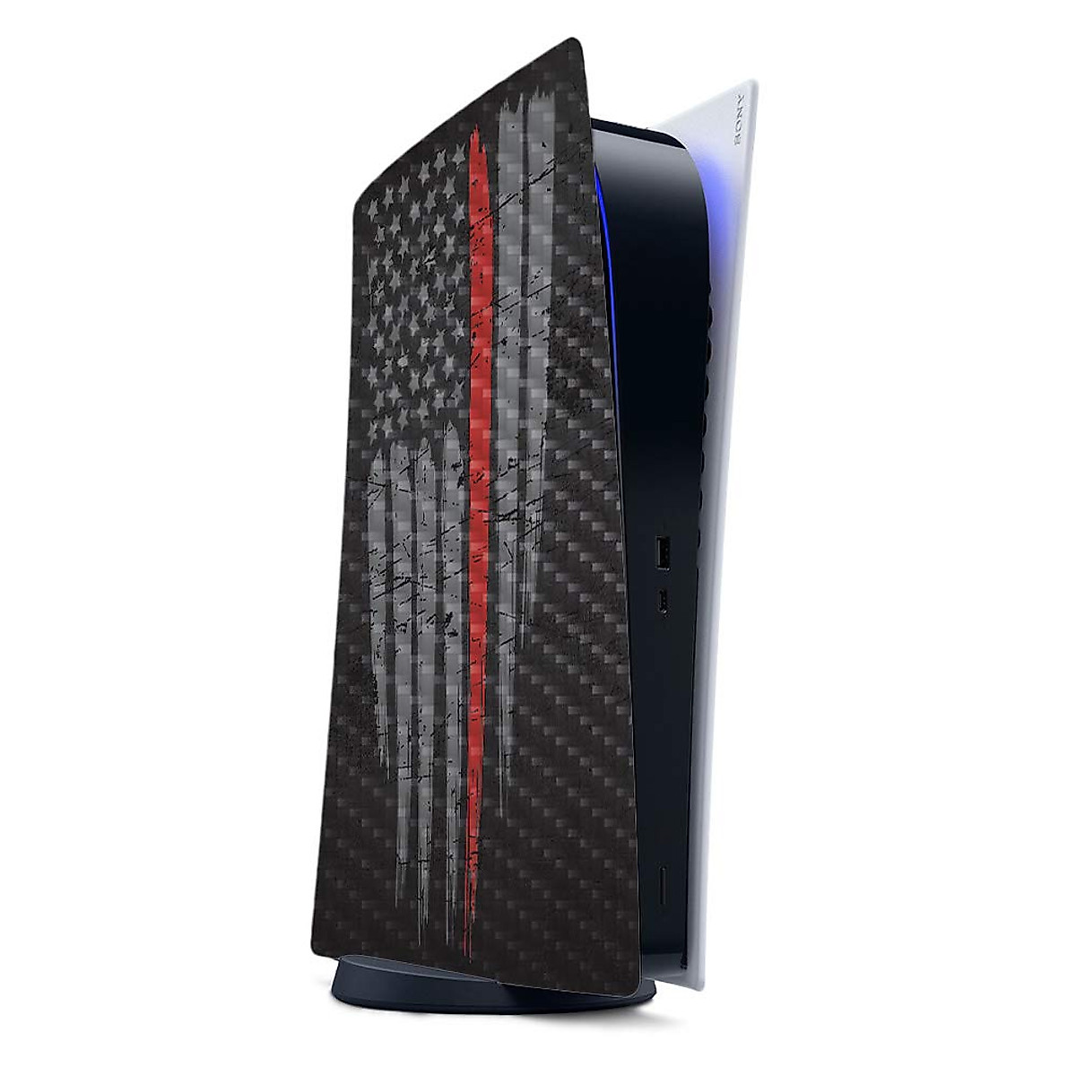 MightySkins Carbon Fiber Gaming Skin for PS5 / Playstation 5 Digital Edition - Thin Red Line | Durable Textured Carbon Fiber Finish | Easy to Apply | Made in The USA