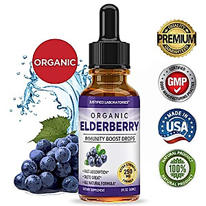 Organic Elderberry Drops Liquid Extract Daily Immune System Support 250MG Sambucus Nigra Antioxidant Berry Flavor for Kids & Adults