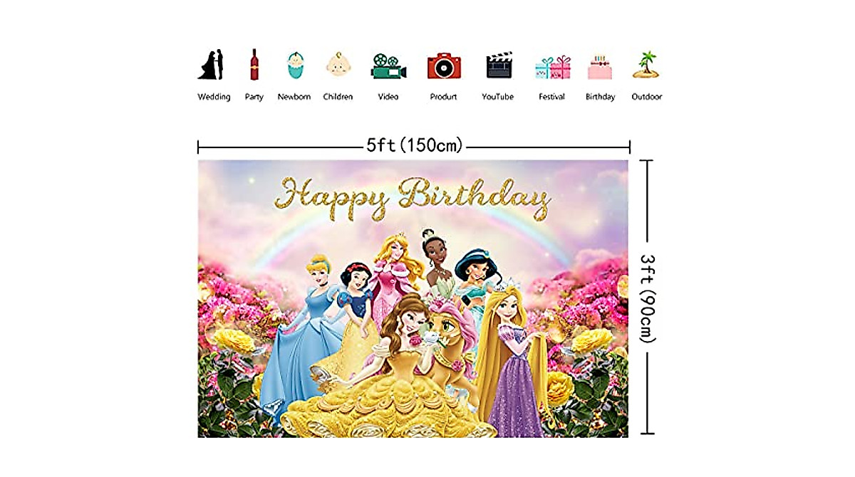 Colorful Rainbow Princess Birthday Backdrop - 5x3ft