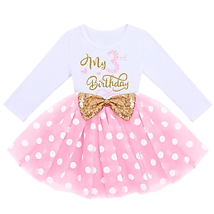 Winter Birthday Outfit Girl My Third Birthday Mini Dress Up Cake Smash Outfit Toddler Baby Tulle Tutu Skirt Long Sleeve Mouse 3rd Birthday Party Supply Three Years Old Photo Props Polka Dots Pink